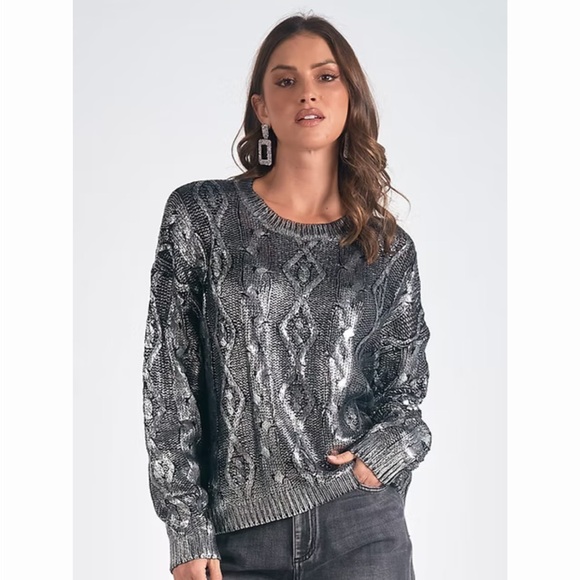 Elan | Sweaters | Elan Metallic Cable Knit Silver Sweater | Poshmark